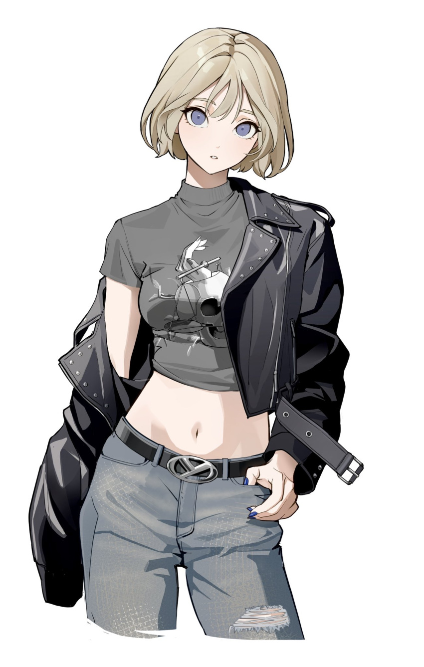 Safebooru - 1girl belt black jacket blonde hair blue eyes blue nails cropped shirt denim highres ...