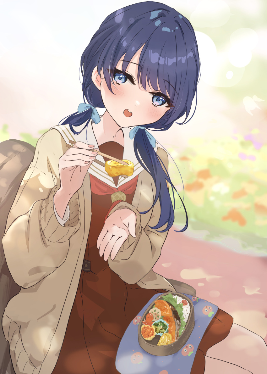 Safebooru - 1girl :o absurdres bento blue eyes blue hair blue ribbon ...