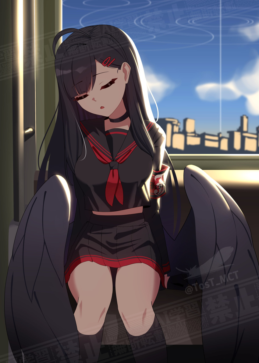 Safebooru - 1girl absurdres ahoge black choker black gloves black hair black socks black wings ...