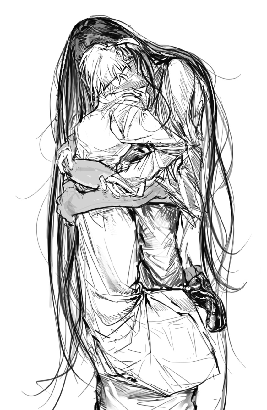 Safebooru - 1boy 1girl carrying carrying person greyscale height difference heroine (homicipher ...