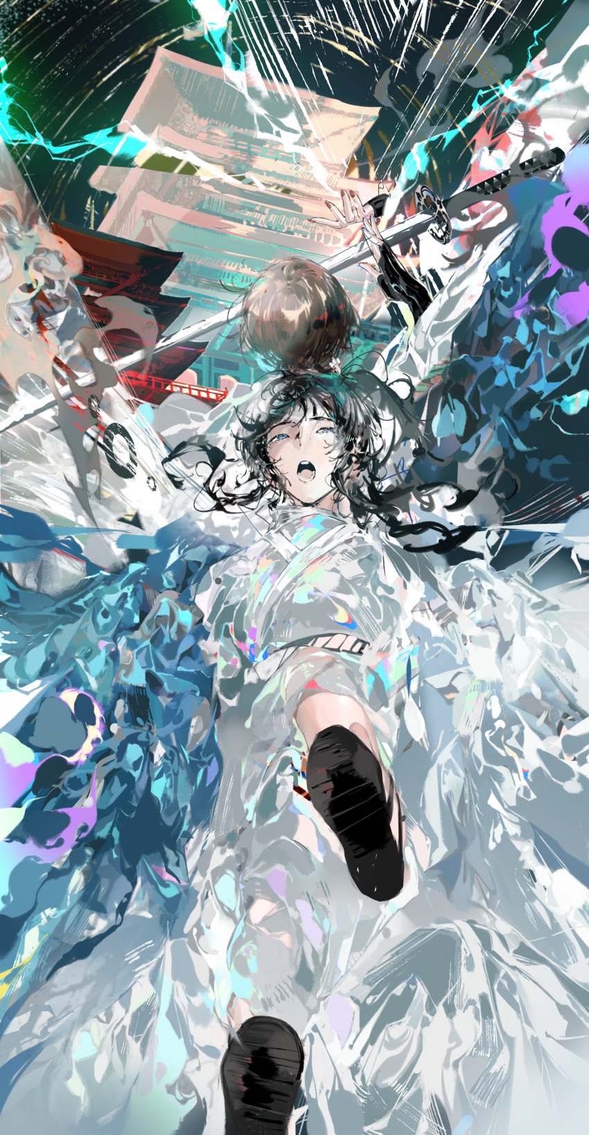 Safebooru - 2boys absurdres back-to-back black footwear black hair blue ...