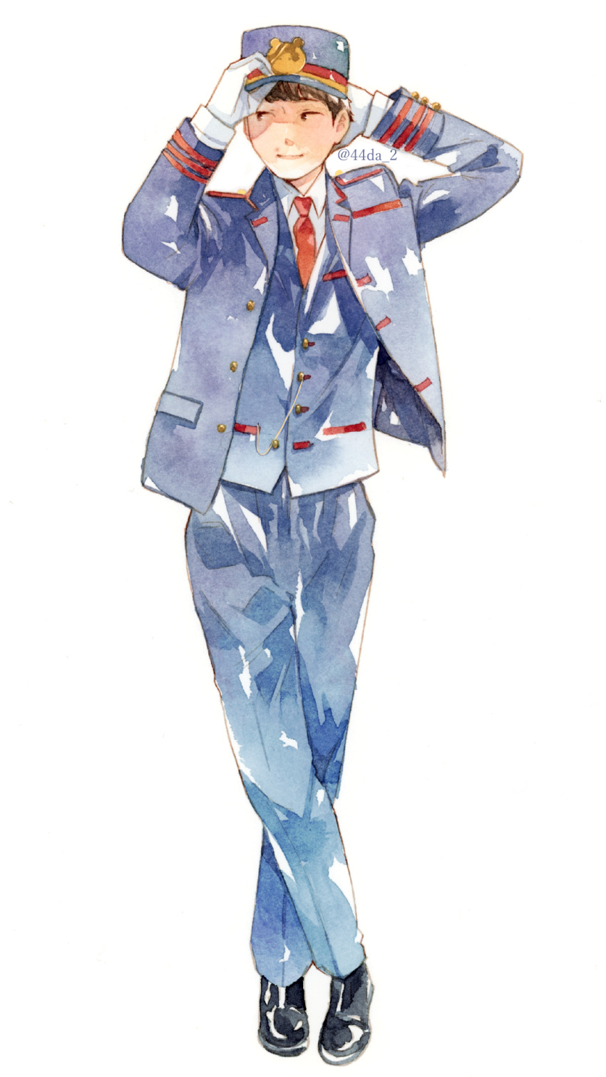 Safebooru - 1boy adjusting clothes adjusting headwear arm behind head ...