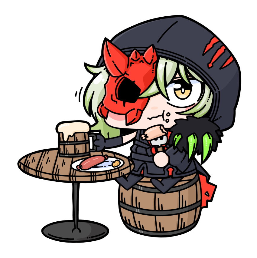 Safebooru - 1girl alcohol beer beer mug black dress black hood buraninn chibi cup diabellstar ...