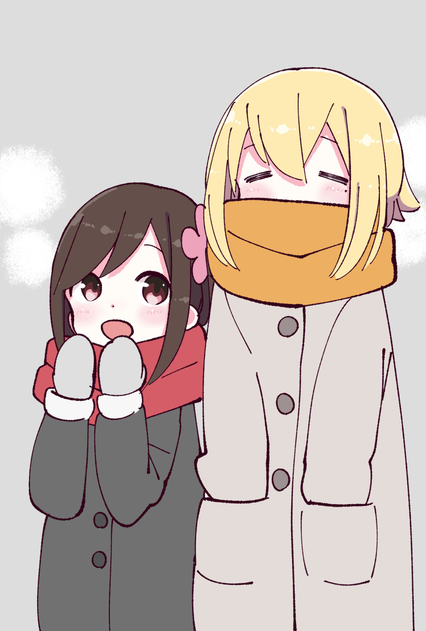 Safebooru - 2girls black coat blonde hair brown hair closed eyes coat flower gloves grey coat ...