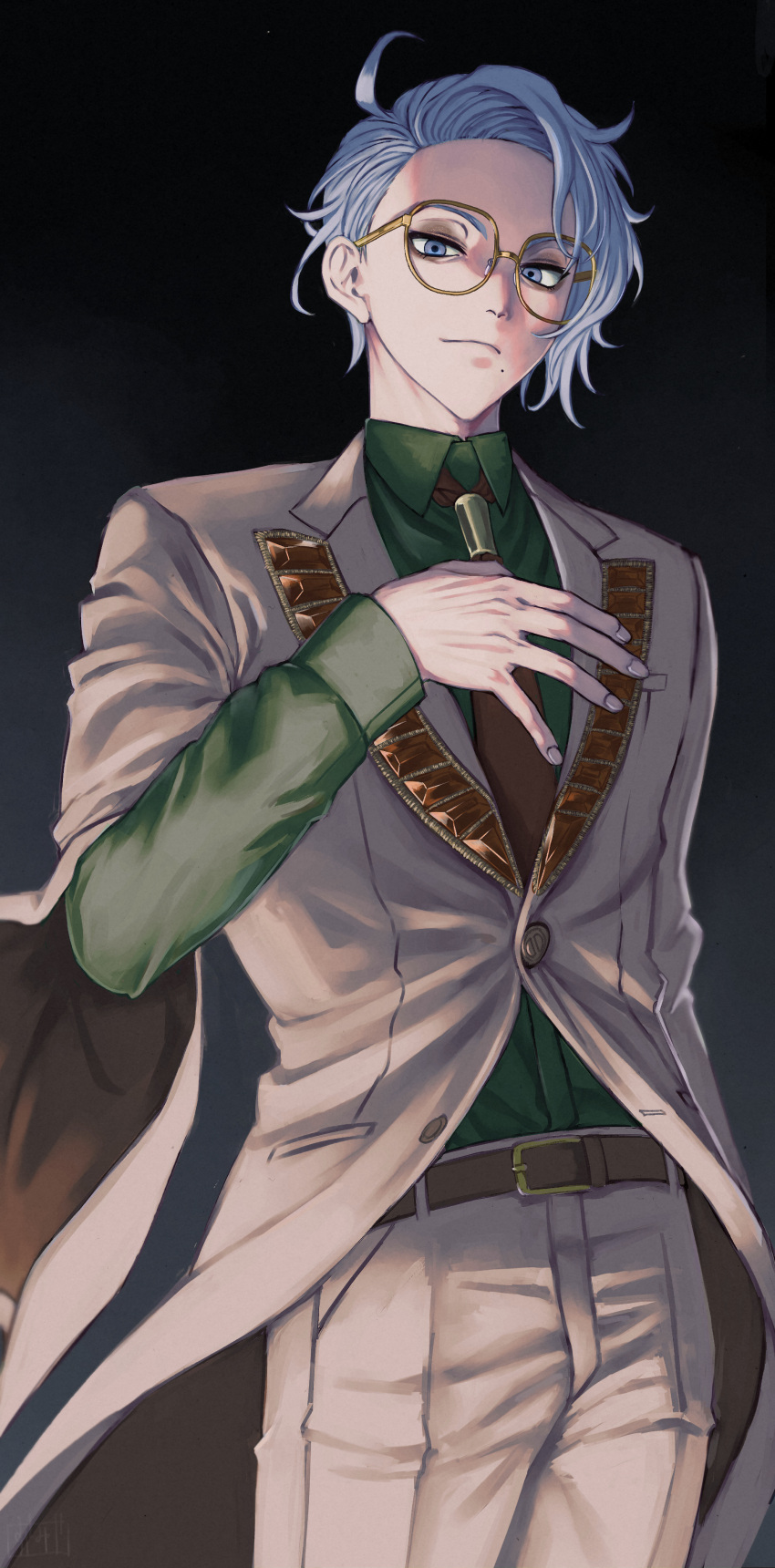 Safebooru - 1boy absurdres azul ashengrotto black background blue eyes blue hair brown coat coat ...