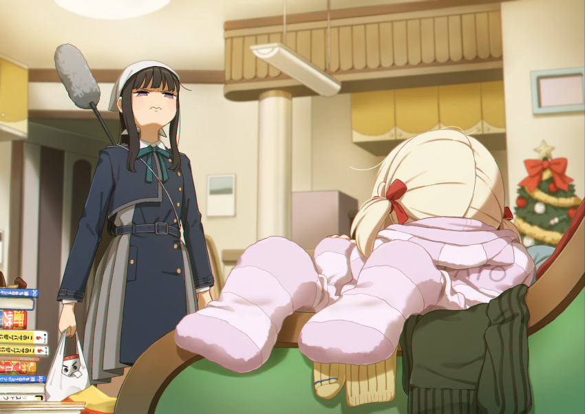 Safebooru - 2girls absurdres belt black hair blonde hair blue belt blue dress closed mouth ...