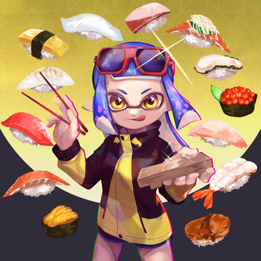 Safebooru - 1girl :q black jacket black shorts blunt bangs chopsticks ...