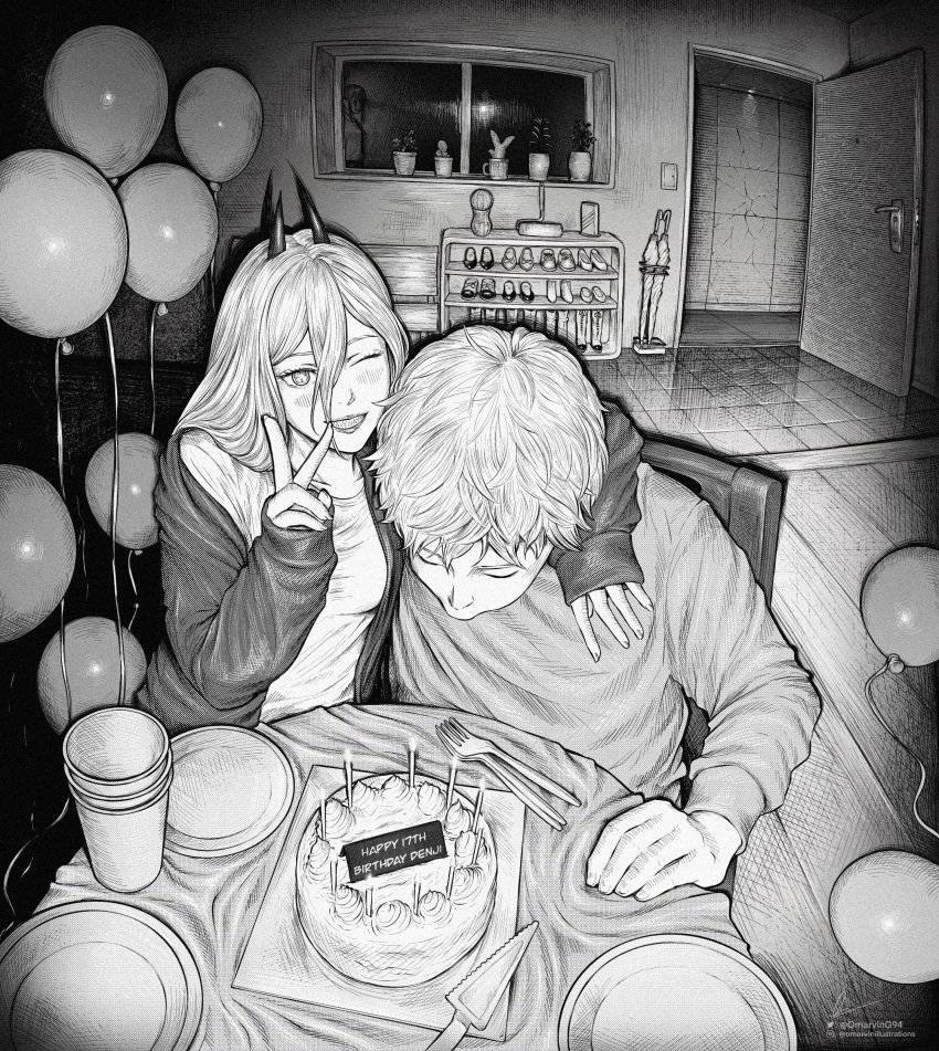 Safebooru - 1boy 2girls absurdres balloon birthday cake black necktie ...