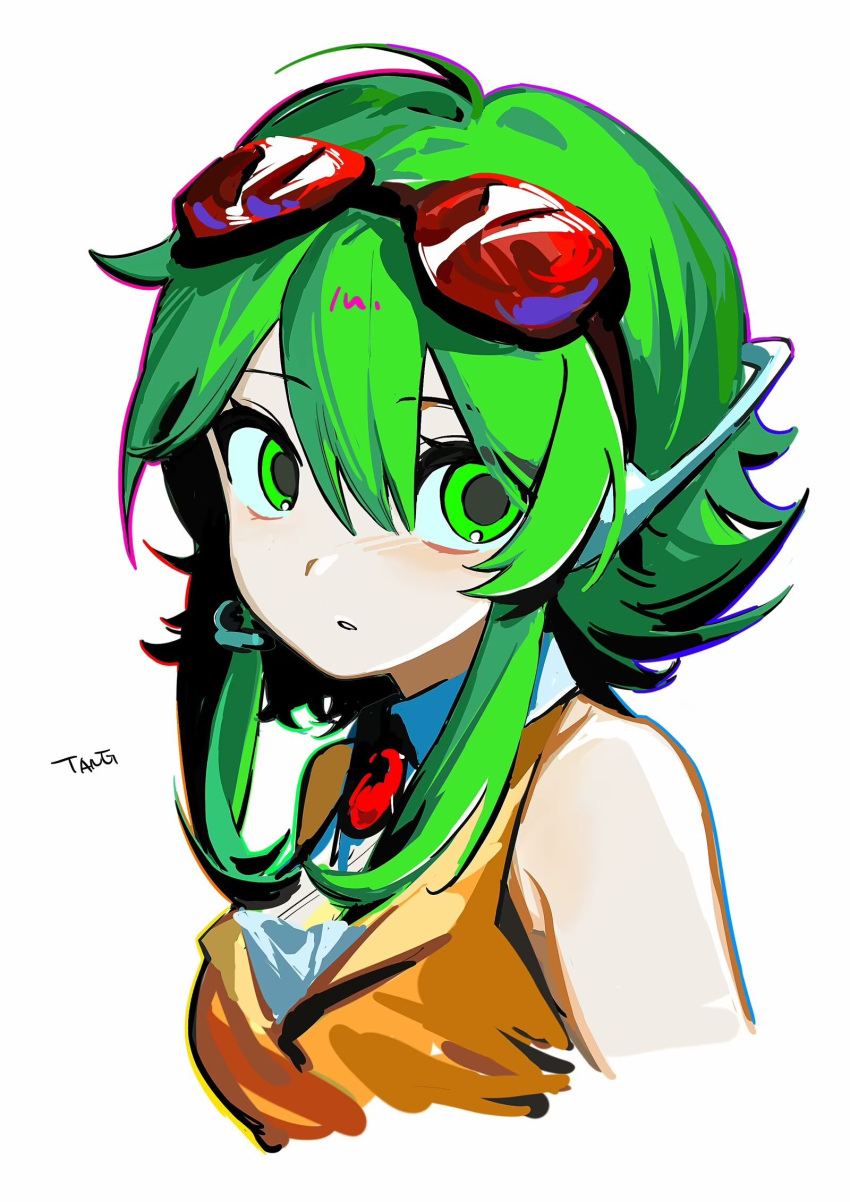 Safebooru - 1girl ahoge artist name bare shoulders brooch cropped torso goggles goggles on head ...