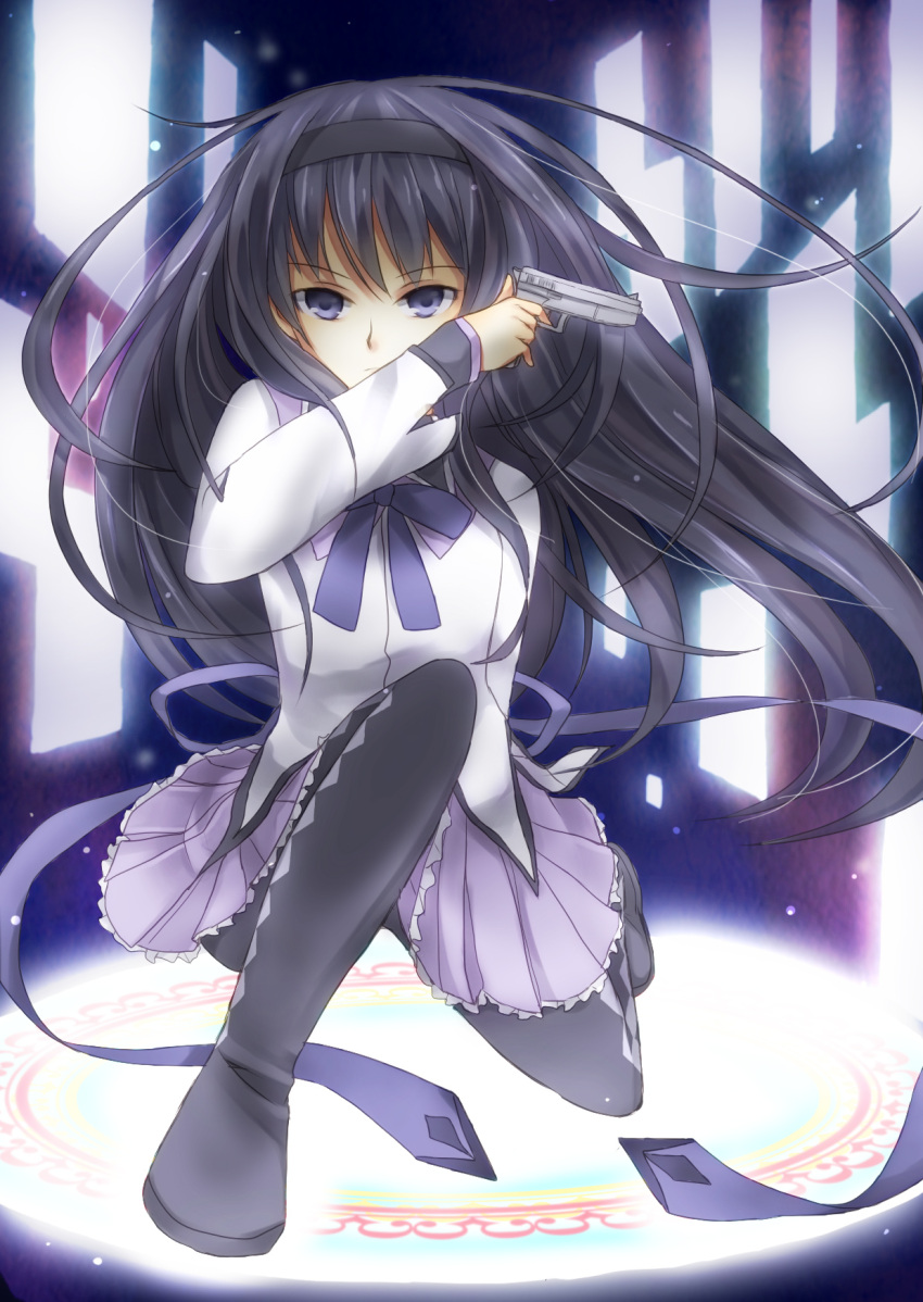 Safebooru - akemi homura argyle argyle legwear ayame (norie11) black hair black legwear gun ...