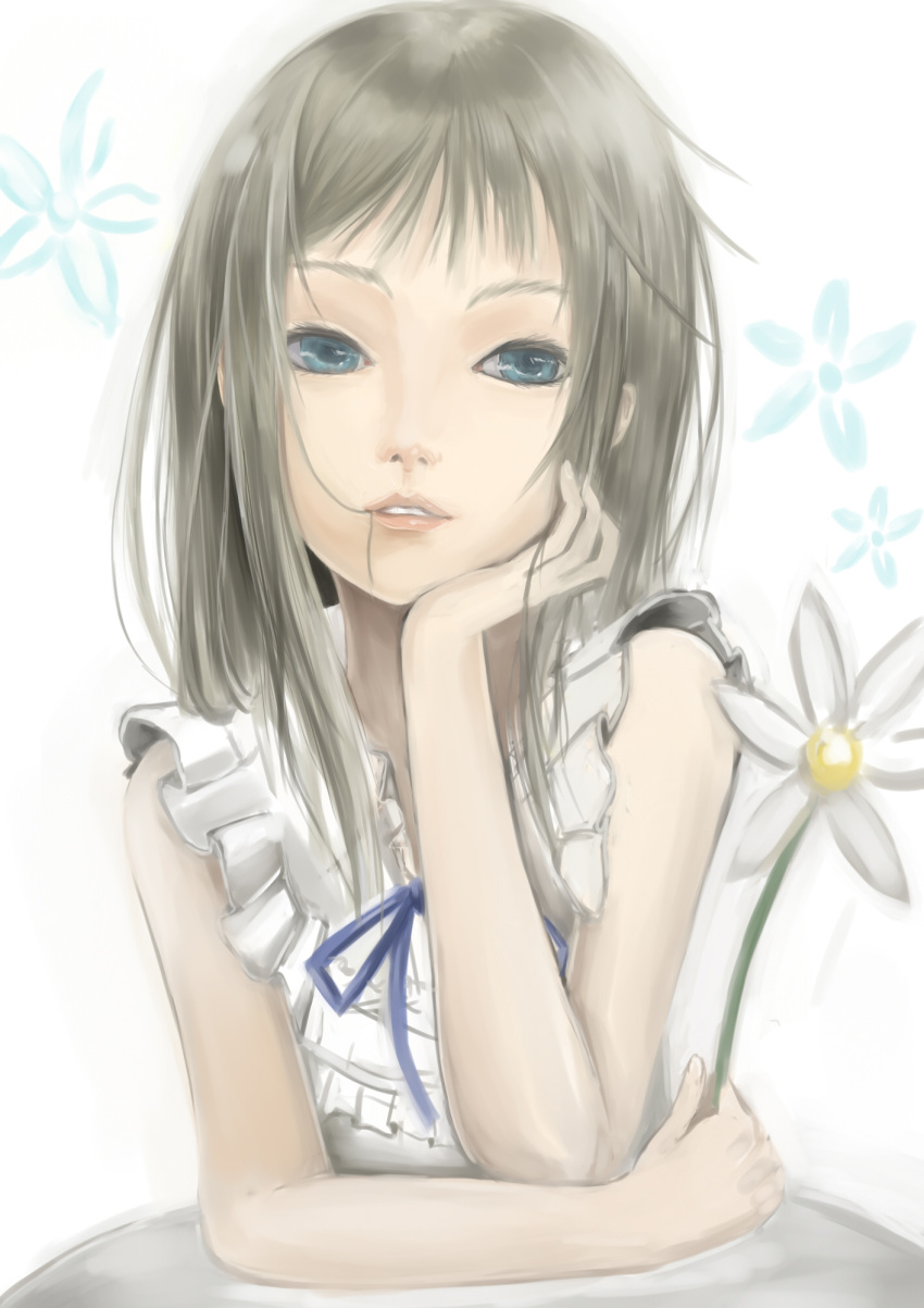 Safebooru - bad id blue eyes brown hair chin rest dress flower hair in ...