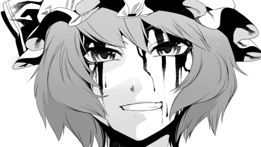 Safebooru - bad id blood blood on face face grin hat monochrome rby ...