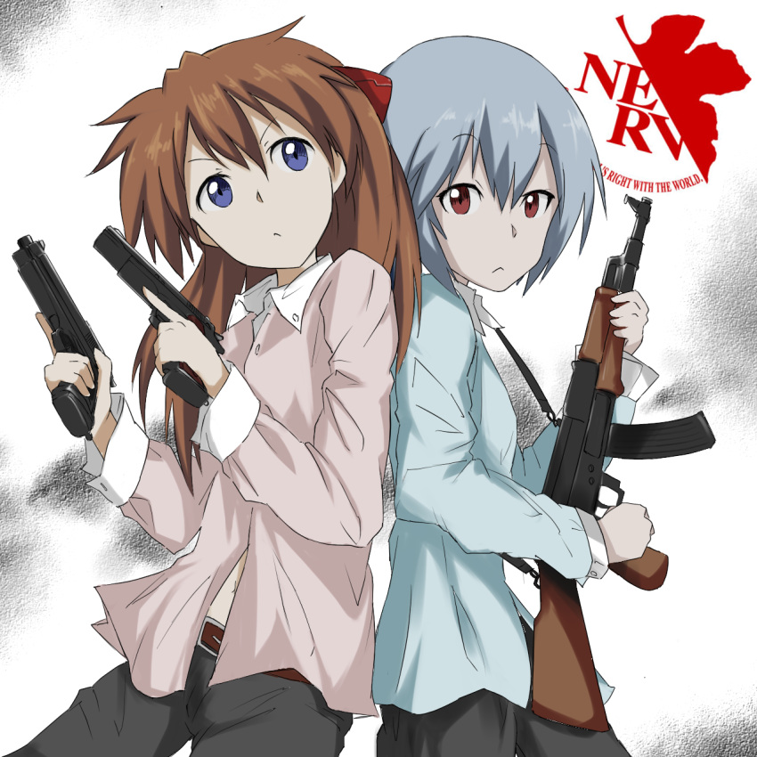 Safebooru - ak-47 assault rifle ayanami rei back-to-back blue eyes blue ...