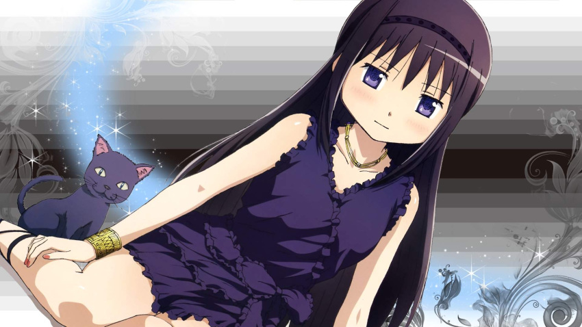 Safebooru - akemi homura black hair blush cat hairband highres jewelry long hair mahou shoujo ...