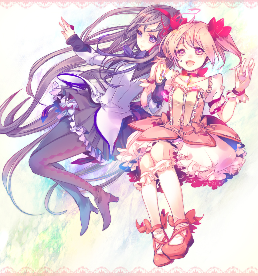 Safebooru - akemi homura black hair boots hand holding highres holding hands kaname madoka long ...