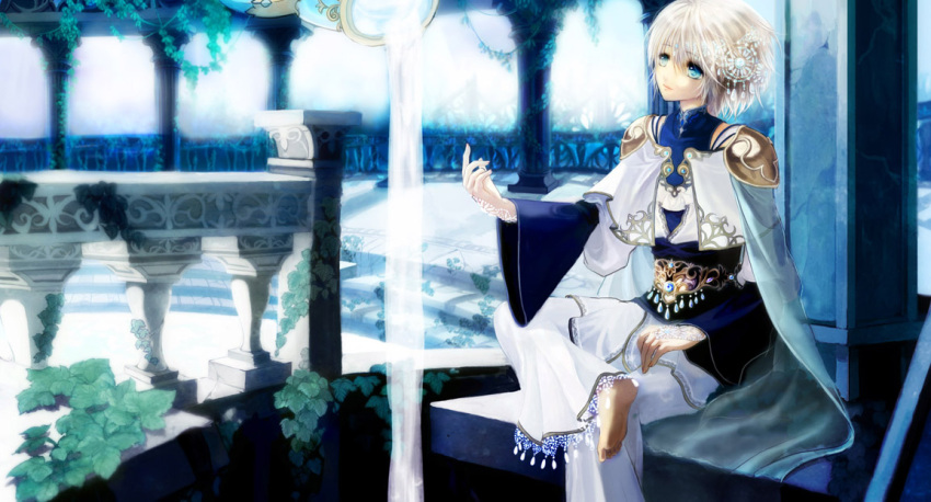 Safebooru - androgynous barefoot blue eyes cape male original short ...