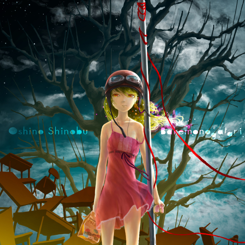 Safebooru - bakemonogatari bare tree blonde hair chair doughnut dress ...