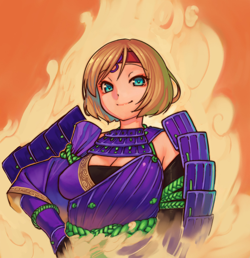 Safebooru - aqua eyes armor breasts brown hair bust character request cleavage headband highres ...