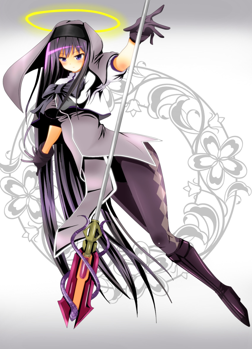 Safebooru - akemi homura alternate costume black hair bow gloves halo highres hood long hair ...