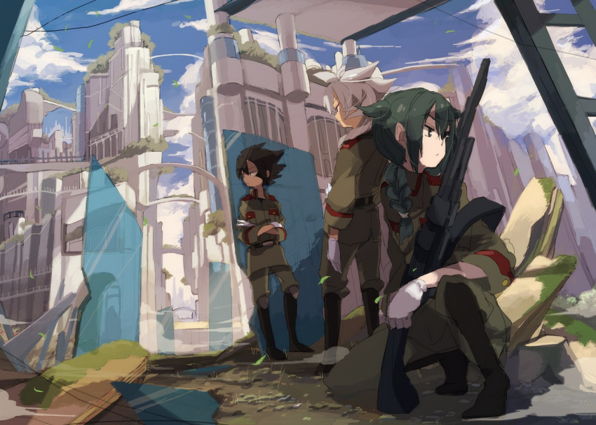 Safebooru - black hair braid city eska bamel facial mark green hair gun ...