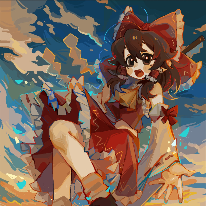 Safebooru - 1girl ascot blue sky brown eyes brown footwear brown hair fang frilled hair tubes ...