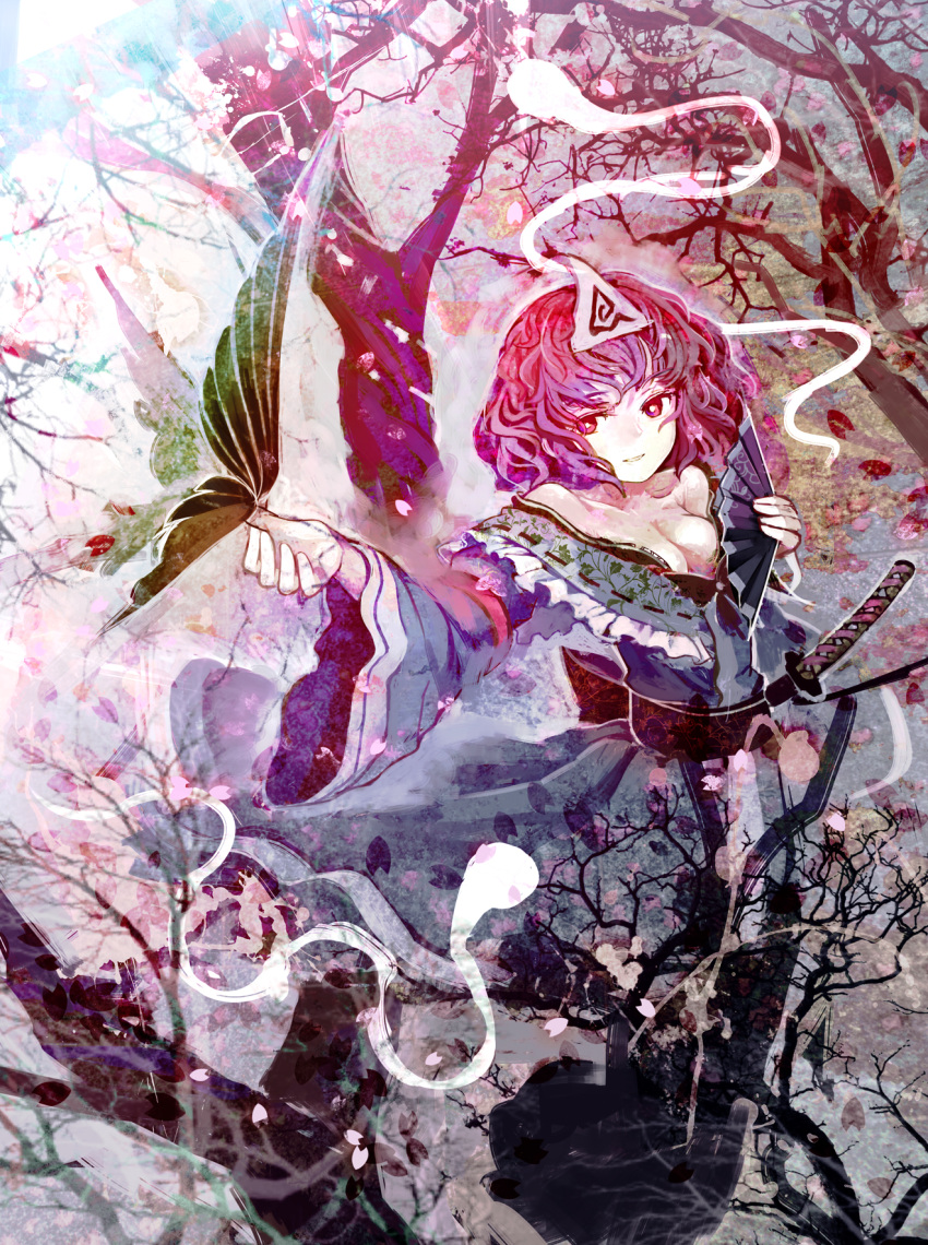 Safebooru - breasts butterfly cherry blossoms cleavage dress fan ghost ...
