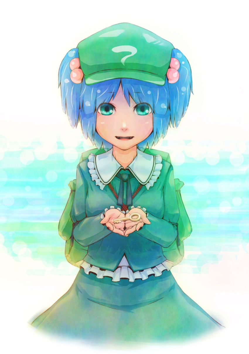 Safebooru - aqua eyes backpack bag blue hair hair bobbles hair ornament hat highres kawashiro ...