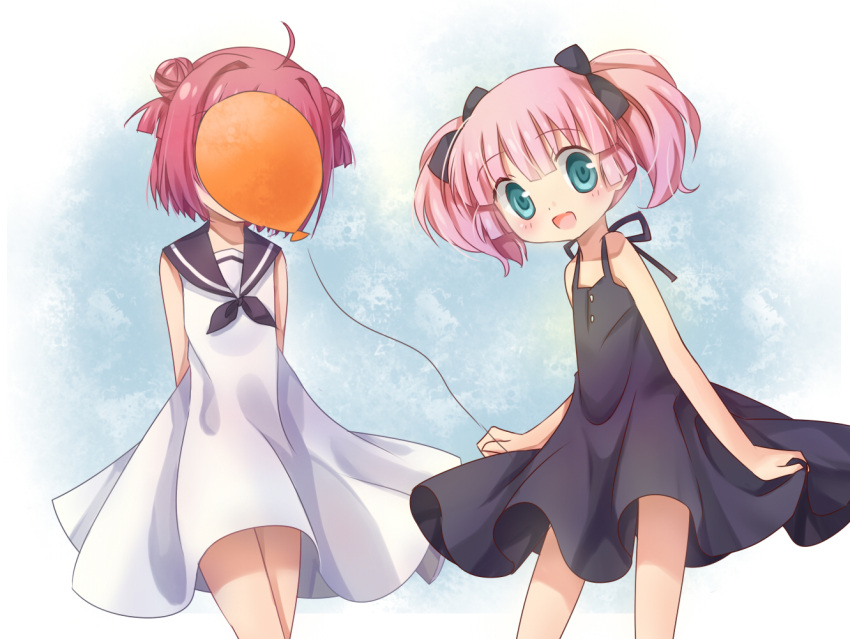 Safebooru - akaza akari arms behind back balloon blue eyes bow covering face double bun dress ...