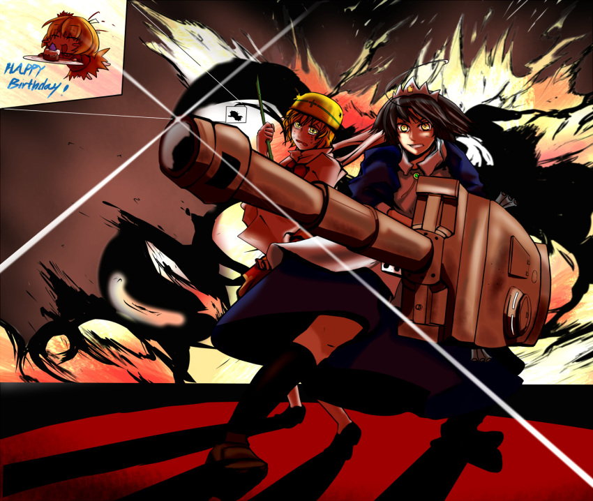 Safebooru - autumn black hair blonde hair chibi explosion gun helmet ...