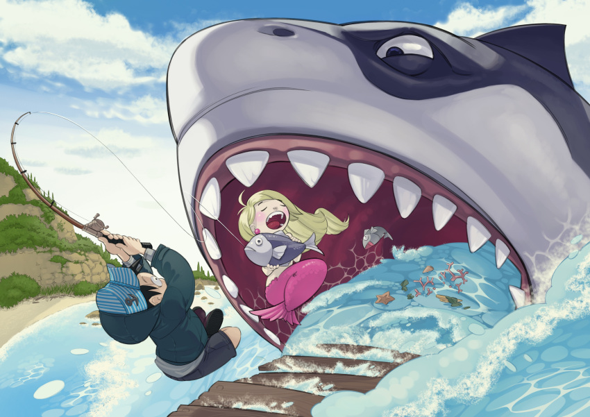 Safebooru - atsushi blonde hair fish fishing hat highres long hair ...