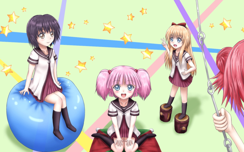 Safebooru - 4girls :d akaza akari ball black hair black legwear blonde hair bow funami yui hair ...