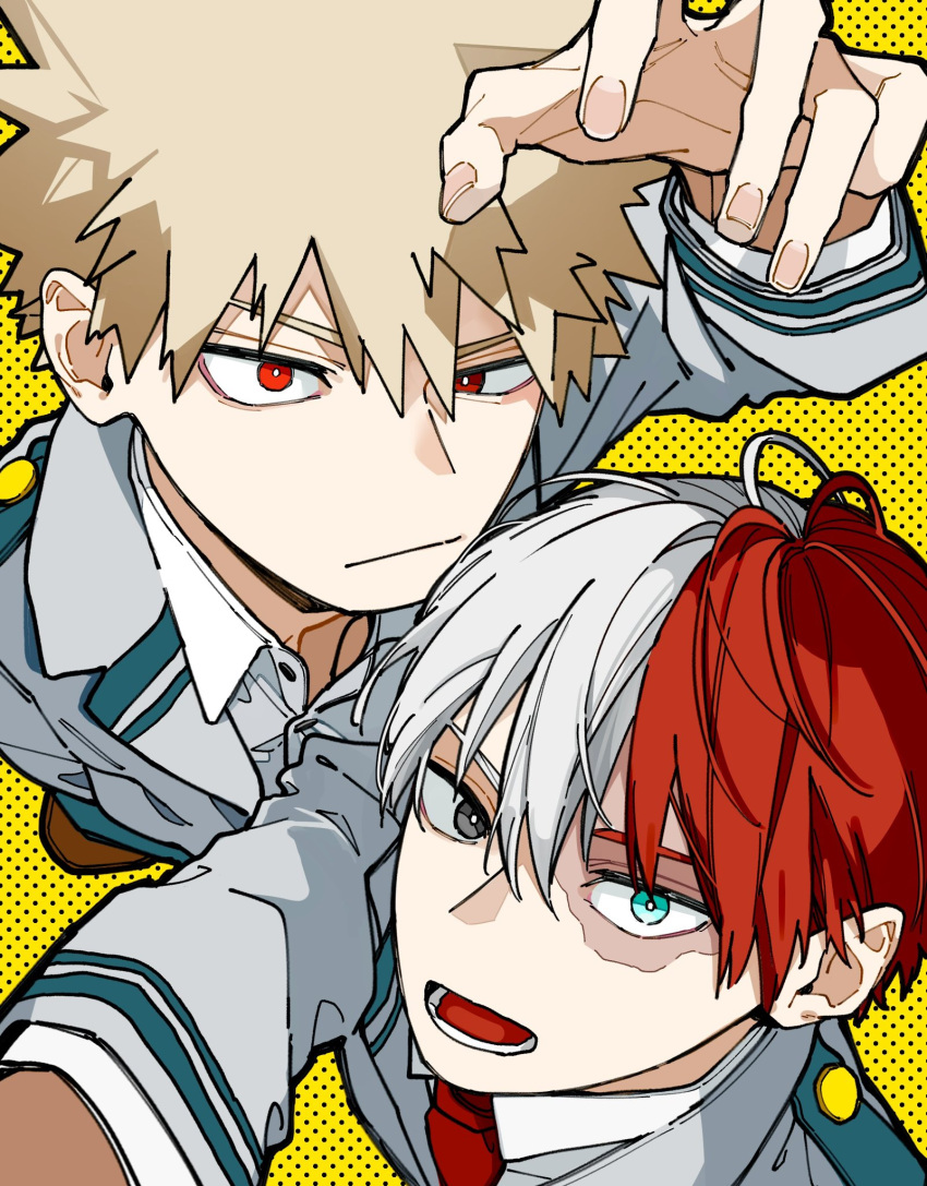 Safebooru - 2boys :| arm up bakugou katsuki ben-day dots blonde hair ...