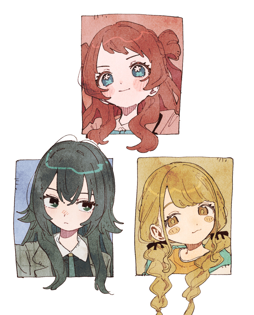 Safebooru - 3girls :3 black ribbon blonde hair blush braid brown hair commentary flower fujita ...