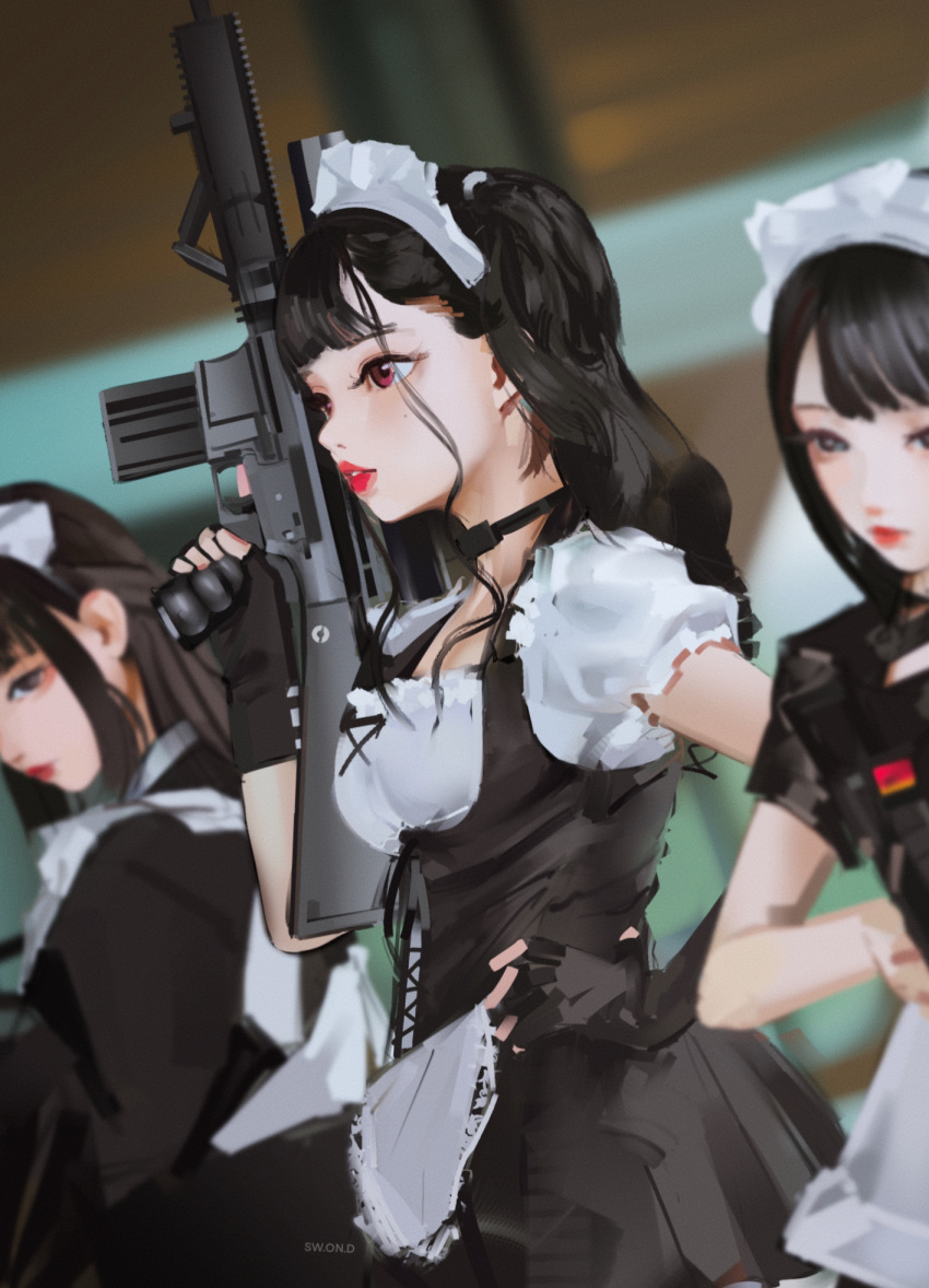 Safebooru - 3girls apron artist name black choker black dress black gloves black hair blurry ...