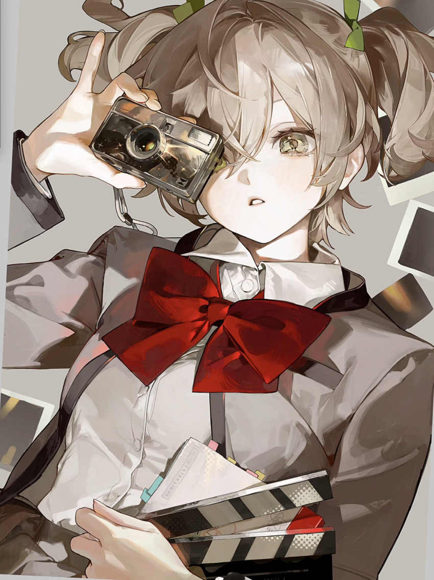 Safebooru - 1girl arm up blonde hair bow camera clapperboard collared ...