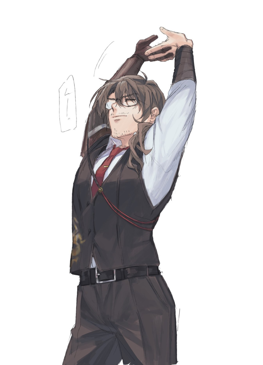 Safebooru - 1boy arms up belt black belt black pants black vest brown gloves cowboy shot gloves ...