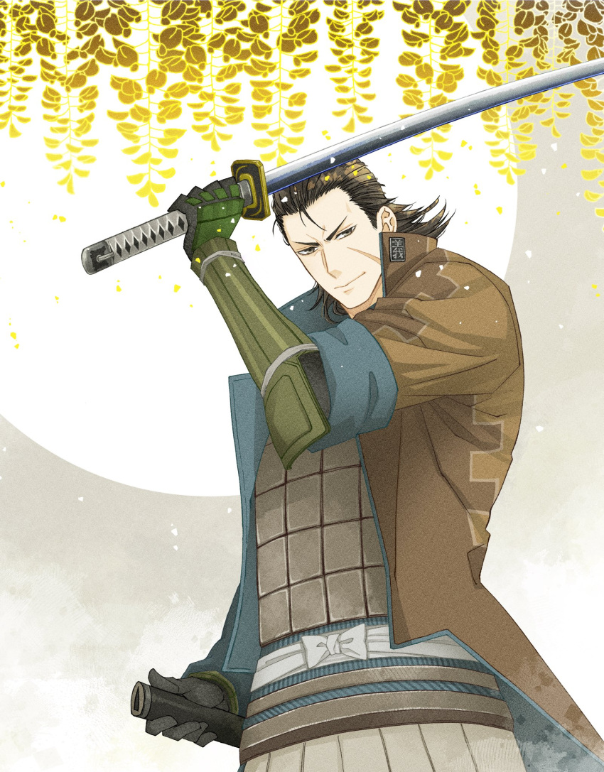 Safebooru - 1boy arm up black gloves brown coat brown eyes brown hair ...