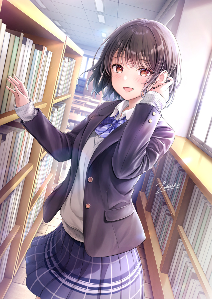 Safebooru - 1girl black jacket blazer blue bow blue bowtie blue skirt blush book bow bowtie ...