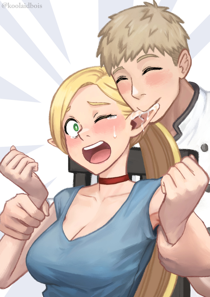 Safebooru - 1boy 1girl biting biting ear blonde hair blue shirt blush closed eyes collar dungeon ...