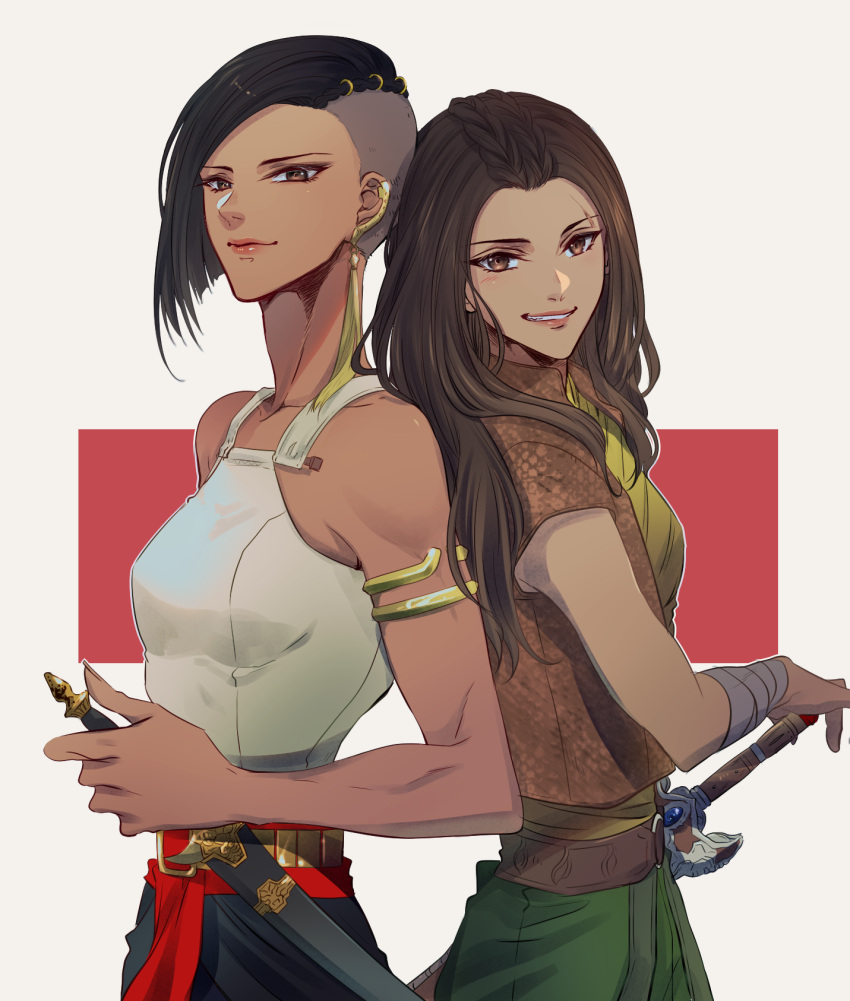 Safebooru - 2girls armlet asymmetrical hair back-to-back black hair ...