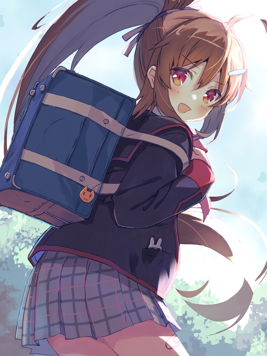 Safebooru - 1girl :d ahoge akayama yukihe backlighting backpack bag bandaid on thigh black ...