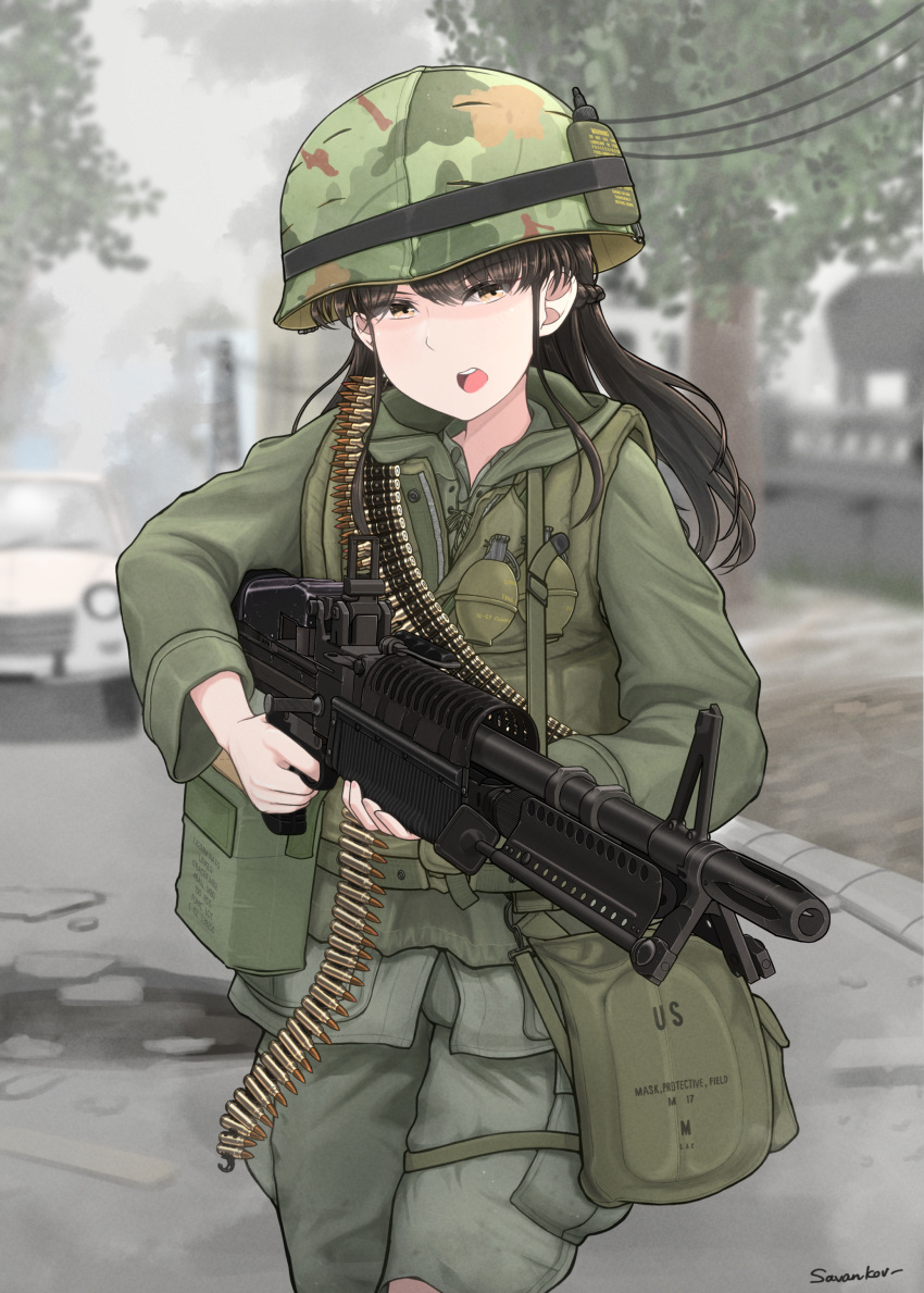 Safebooru - 1girl absurdres ammunition belt artist name black hair ...