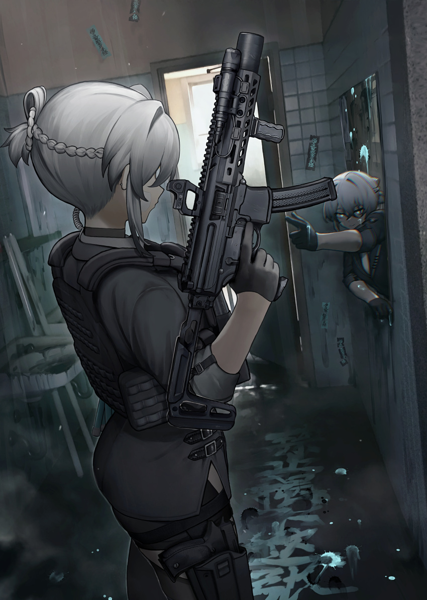 Safebooru - 2girls absurdres black thighhighs blazer bulletproof vest ...