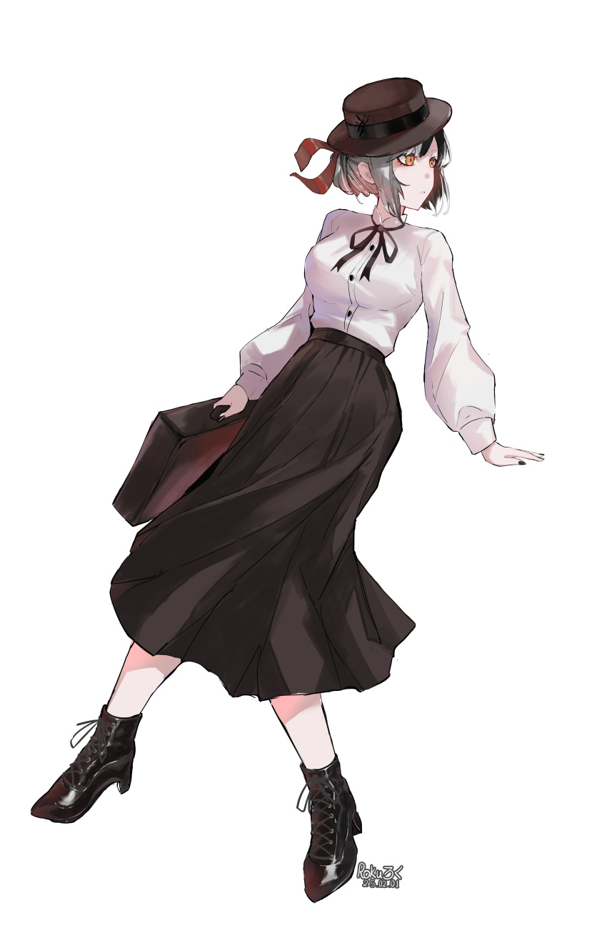 Safebooru - 1girl absurdres black footwear black hair black hat black nails black ribbon black ...
