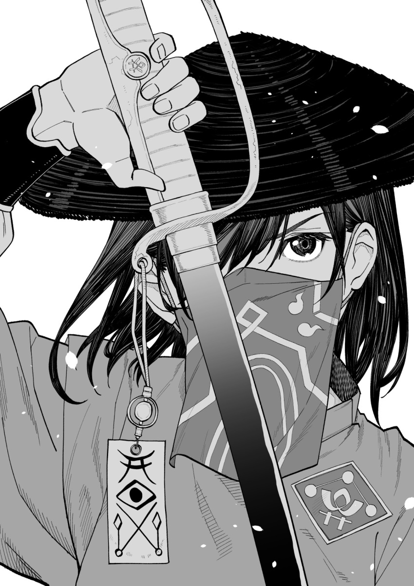 Safebooru - ajirogasa arm up black hair cropped torso drawing sword ...