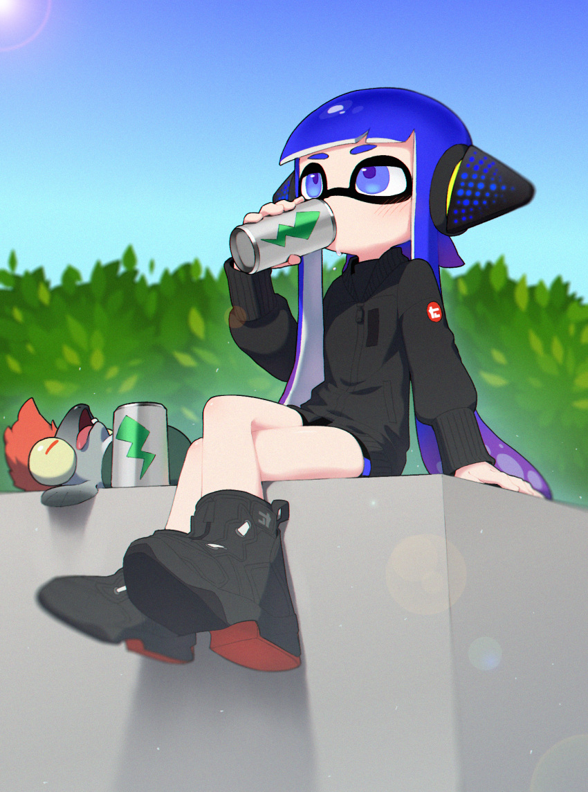 Safebooru - 1girl arm support behind-the-head headphones bike shorts black footwear black jacket ...