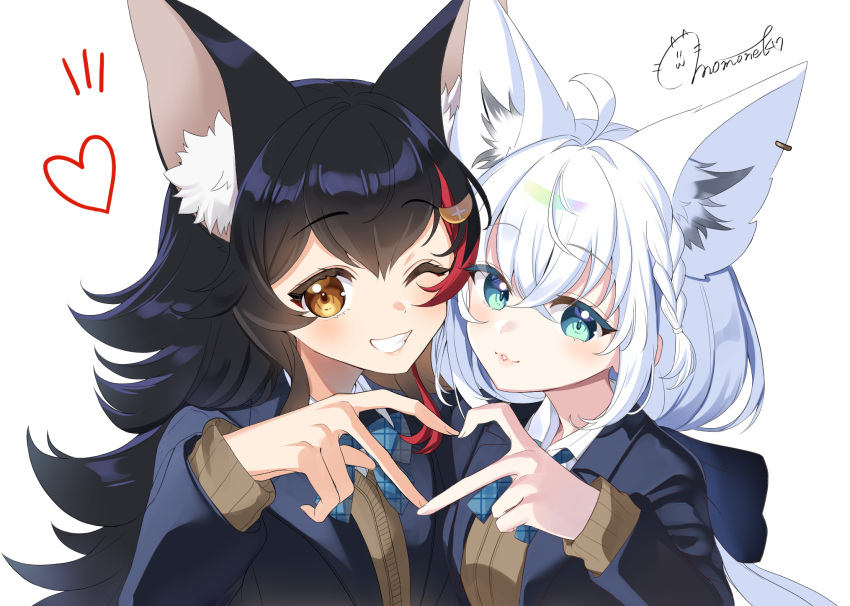 Safebooru - 2girls ahoge animal ear fluff animal ears black hair blazer blue bow blue bowtie ...