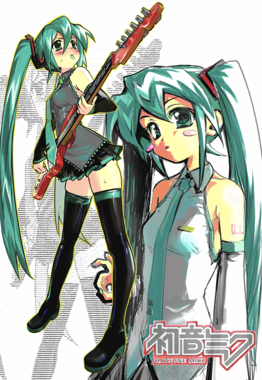 Safebooru - 1girl aqua eyes aqua hair aqua necktie bare shoulders black footwear black skirt ...