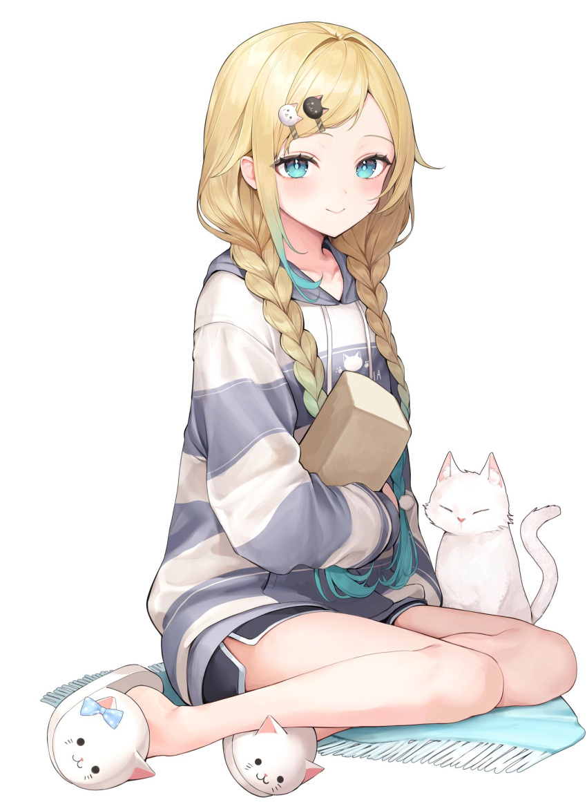 Safebooru - 1girl aizawa ema animal slippers aqua hair black shorts blonde hair blue eyes braid ...