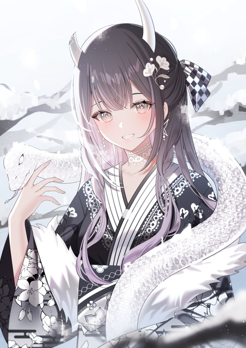 Safebooru - 1girl asymmetrical horns bare tree black kimono blunt bangs ...